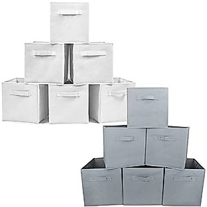 EZOWare Set of 12 Foldable Basket Bin Collapsible Storage Cube For Nursery, Kids Toys Organizer, Shelf Cabinet - (White + Gray)