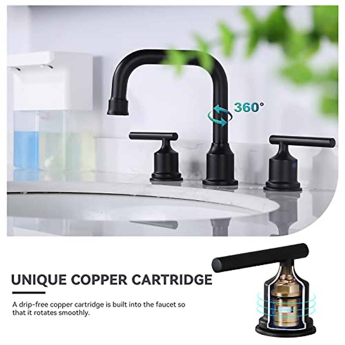 WOWOW Two Handles Widespread 8 inch Bathroom Faucet Black 3 Pieces Basin Faucets 360 Degree Swivel Spout Lavatory Sink Faucet