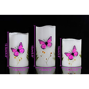 UNIVELA Candles Set of 3 Flameless 4" 5" 6" Unscented Tealight Butterfly Flower Plants Decor Real Wax Pillar Candle LED Lights 12 Color Changing 4H 8H Timer Remote Control AAA Batteries Operated