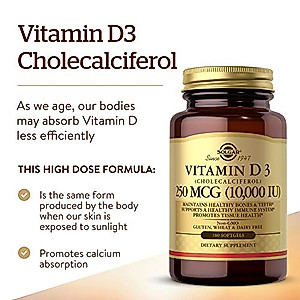 Solgar Vitamin D3 Cholecalciferol 250 MCG 10000 IU Softgels Helps Maintain Healthy Bones Teeth Immune System Support Non GMO Gluten, Dairy Free Servings, 180 Count