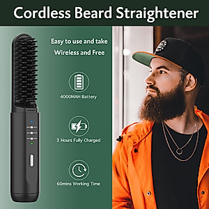 Beard Straightener for Men, REHOYO Portable Cordless Hair Straightener, Anti-Scald Heated Beard Brush, Electric Hot Comb 3 Temp Settings, Ionic Mini Straightener for Home Travel, Gifts for Men Him