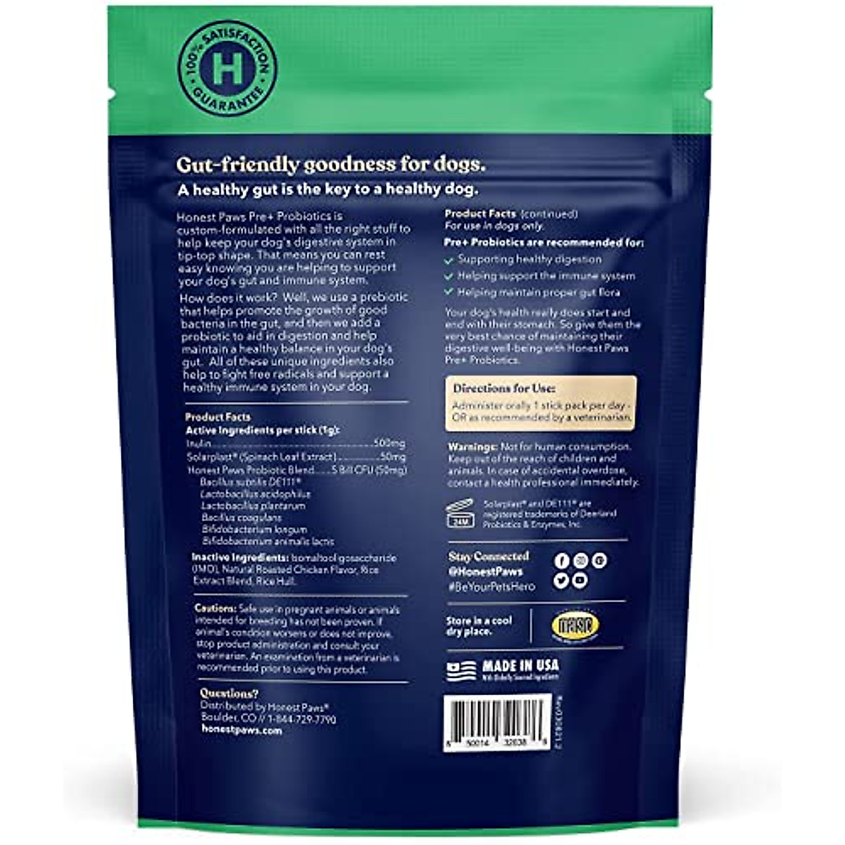 Honest Paws Probiotics for Dogs Made in USA - Dog Probiotic Powder with Prebiotic for Healthy Gut, Digestive and Immune Support - Digestive Enzymes with Chicken Flavor (30 Sticks)