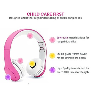 KPTEC [Volume Limited Kids Safety Foldable On-Ear Headphones with Mic, Volume Controlled at Max 93dB to Prevent Noise-induced Hearing Loss (NIHL), Passive Noise Reduction, Wired Earbuds,Pink