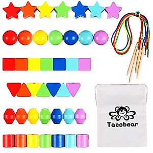 Atoylink 42PCS Lacing Beads Montessori Toys for Toddlers Wooden Primary String Threading Beads Rainbow Lacing Toy Preschool Fine Motor Skills Educational Toy for 3 4 5 6 7 8 Years Old Kids Boys Girls