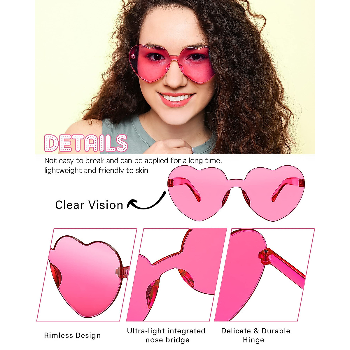 Photect 12 Pair Graduation Gift Heart Shaped Sunglasses Rimless Candy Color Glasses for Women Men Summer Party Favor(Rose Color)