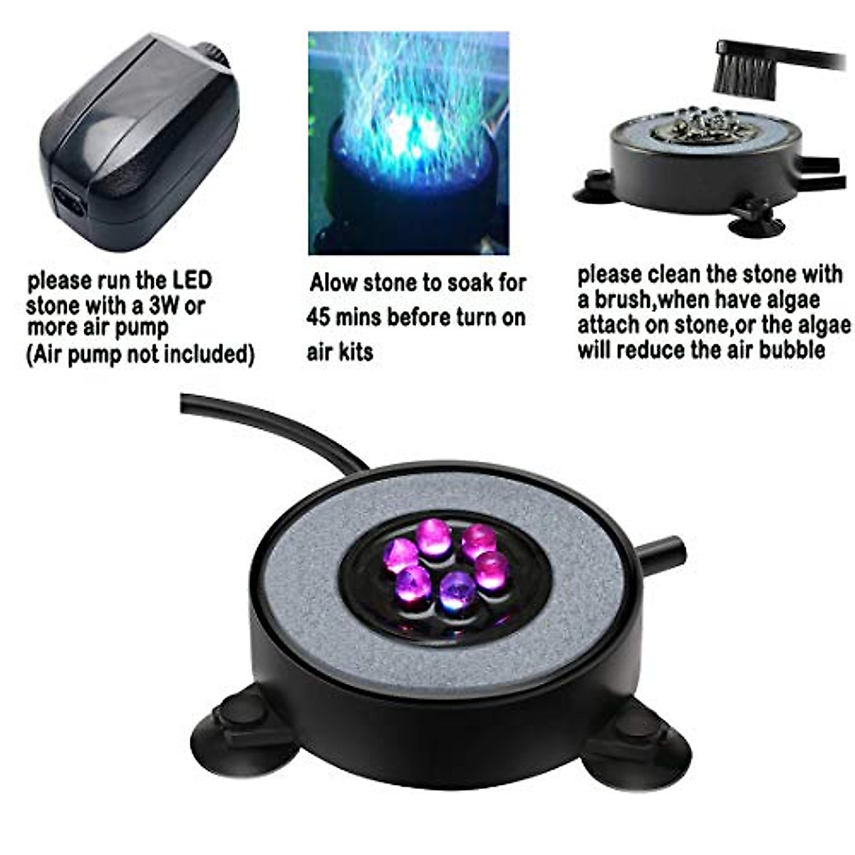 LED Aquarium Air Stones Fish Tank Bubbler Light Air Stone Diffuser Decor Lamp with Sucker Colorful Backgound Lighting (2.2inch Light Disk(No Remote))