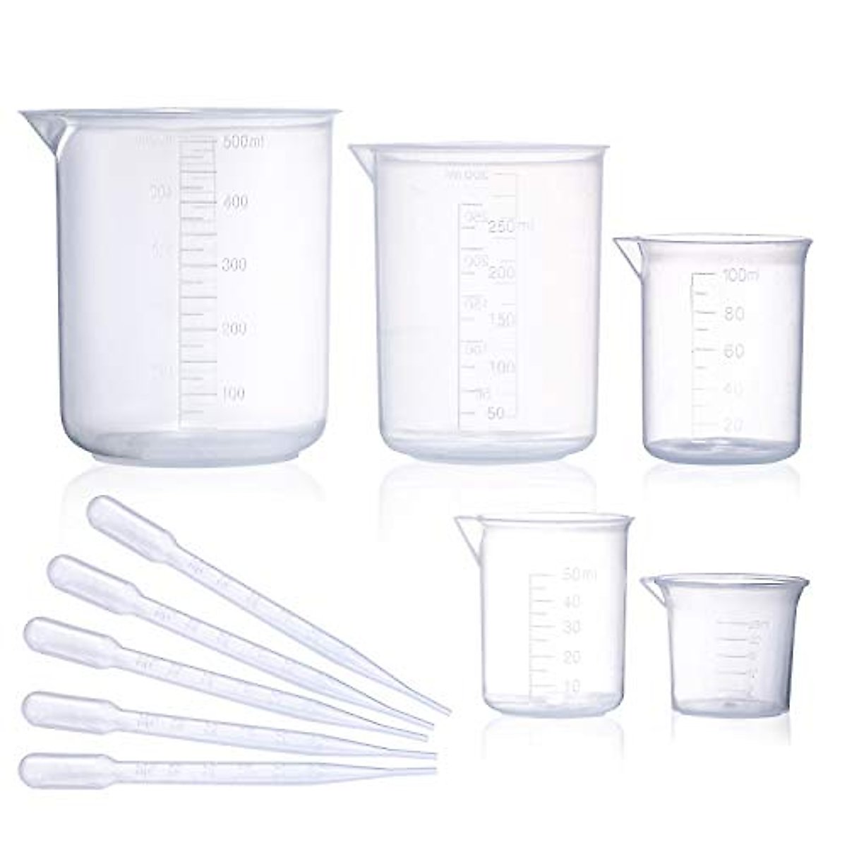 Plastic Beaker Set, 5 Sizes Low Form Measuring Graduated Griffin Polypropylene Beakers in 500 ml, 250 ml, 100 ml, 50 ml, 25 ml for Laboratory, & Science Experiments with 5 Plastic Droppers in 3 ml