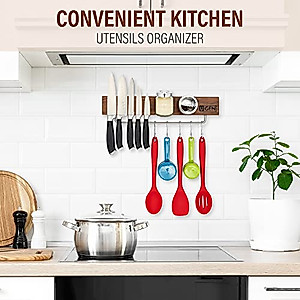 16 Inch Magnetic Knife Holder - U-Gen Real Walnut Wood Magnetic Knife Holder for Wall - Powerful Magnetic Knife Strip with Hooks - Easy to Install - Perfect for Kitchen Utensils and Knives Storage