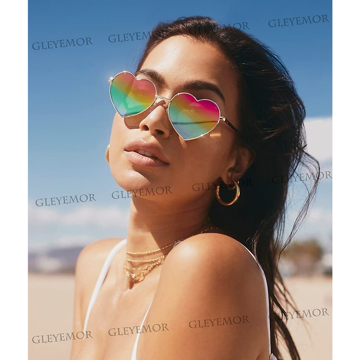 Polarized Heart Shaped Sunglasses for Women Metal Frame Cute Lovely Glasses 100% UV Protection (Gold/Rainbow Mirror)