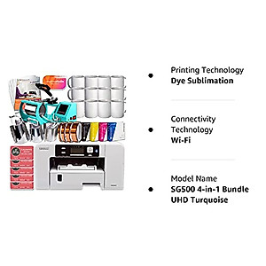 Sawgrass UHD Virtuoso SG500 Sublimation Printer Starter Bundle with Inks, Turquoise 4-in-1 Heat Pres, Paper, Tape, Blanks, Designs, Exclusive Content White