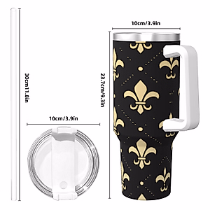 allgobee 40oz Stainless Steel Travel Mug With Handle,Fleur-De-Lis-Gold Insulated Coffee Tumbler With Lid And Straw