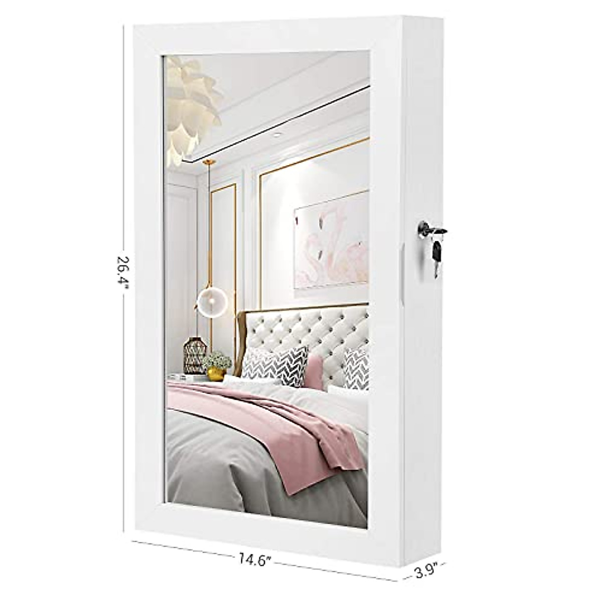 SONGMICS Lockable Jewelry Cabinet Armoire with Mirror, Wall-Mounted Space Saving Jewelry Storage Organizer, White UJJC51WT