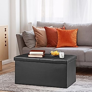 SUPER DEAL Leather Storage Ottoman Bench 30 Inches Folding Footrest with Padded Seat Large Toy Sotrage Chest Long Box for Livingroom Bedroom Entryway, 30"x15"x15", Black