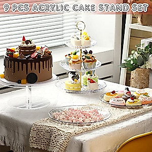9 Pcs Acrylic Cake Stand Set Including 4 Pcs 3 Tier Cupcake Tower 4 Pcs Round Dessert Trays 1 Pcs Cake Pedestal Stand Dessert Table Cupcake Holder for Birthday Wedding Baby Shower Party Decoration