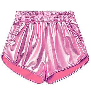 Pink Girls Metallic Gymnastics Shorts Rave Spandex Dance Shorts Shiny Hot Pants 6 7