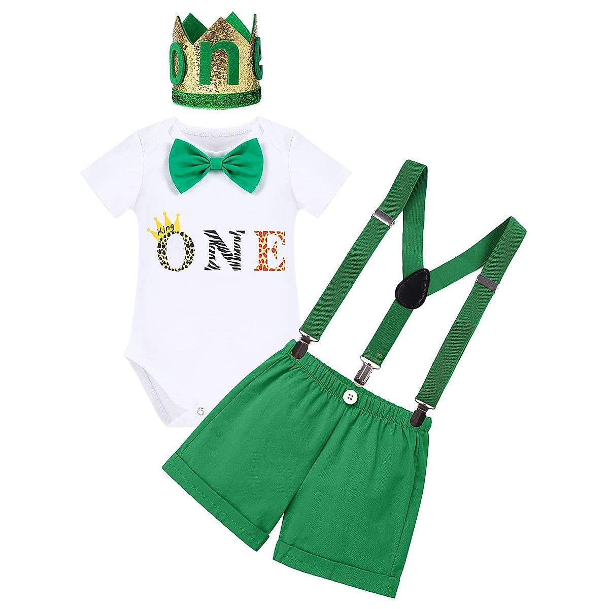 Boys Baby Jungle Cake Smash Outfit 1st Birthday Animal Print Bow Tie Romper Safari Theme Short Sets Wild Lion Crown Headbands Casual Summer 4PCS Clothes Set Green One 1T