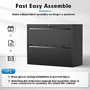 Pataku Lateral File Cabinet, 2 Drawer File Cabinet with Lock, Black Filing Cabinets for Home Office, Metal File Cabinet for Hanging Files/Letters/Legal/F4/A4