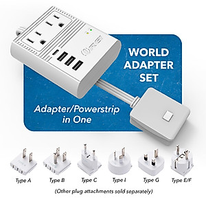 OREI World Travel Plug Adapter M8 Max, 3 USB + Pd 18W USB-C Input - 2 USA Outlets - Attachments for Europe, Asia, China, Japan, Africa - Perfect for Cell Phones, Tablets, Cameras and More