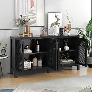 Bellemave Accent Storage Cabinet Buffet Cabinet Freestanding Storage Sideboard with Artificial Rattan Doors & Metal Handles, Entryway Cabinet for Living Room Office Bedroom, Kitchen (Black)