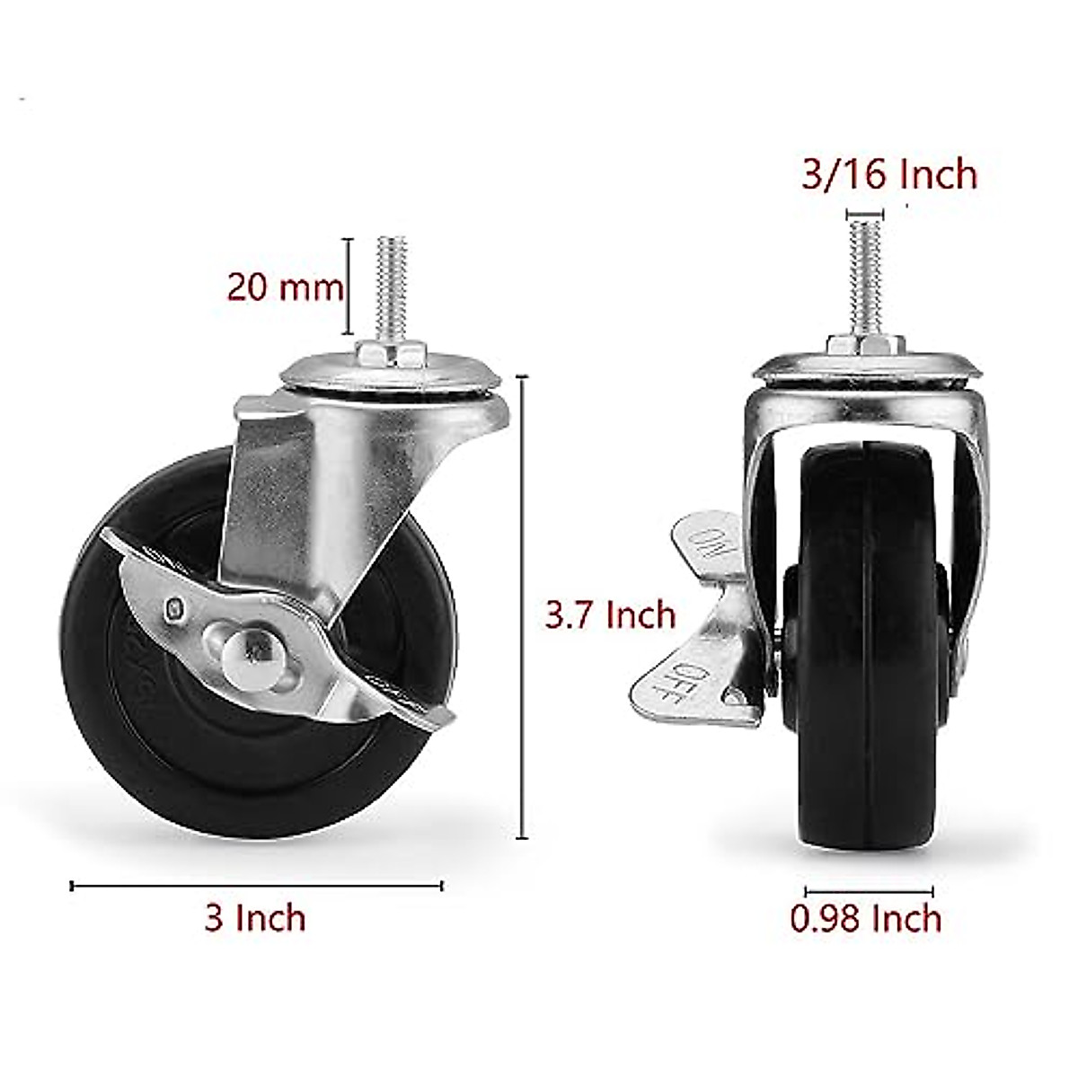 Pusalxl 3-Inch Casters,Shelving Wheels, Wire Shelving Replacement Wheels Set of 4, Threaded Stem Rubber Casters (Screw Diameter 3/16"- 20, Length20mm) for Wire Shelves Rack Legs with 3/4" Posts