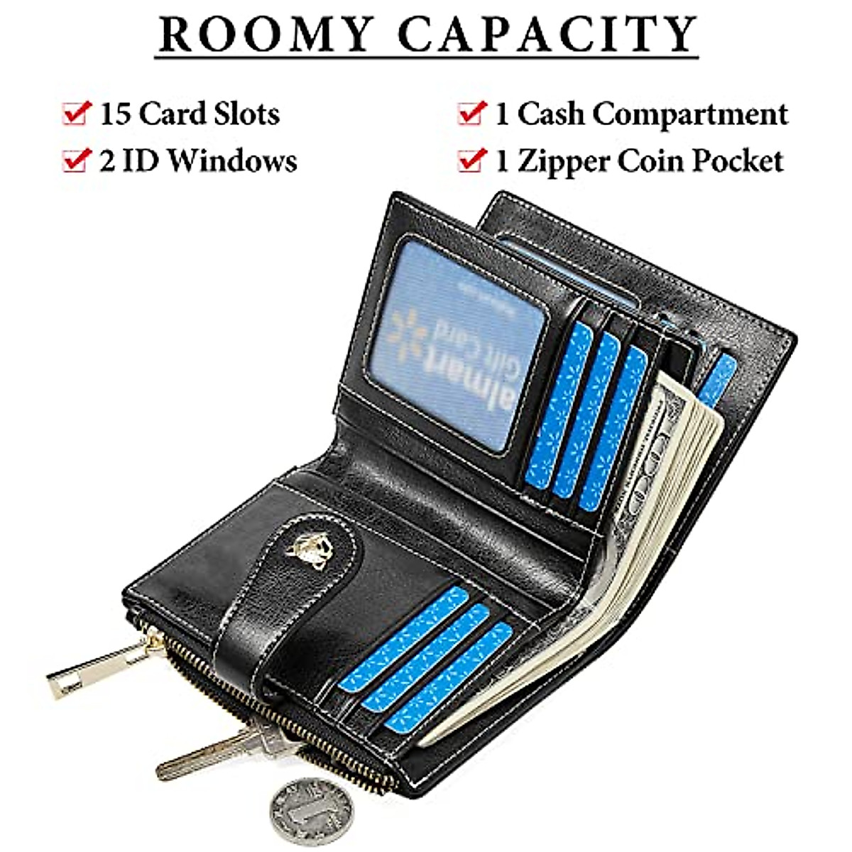 FOXLOVER Leather Wallets for Women RFID Blocking Small Compact Credit Card Holder Purse with Zipper Pocket (Black)