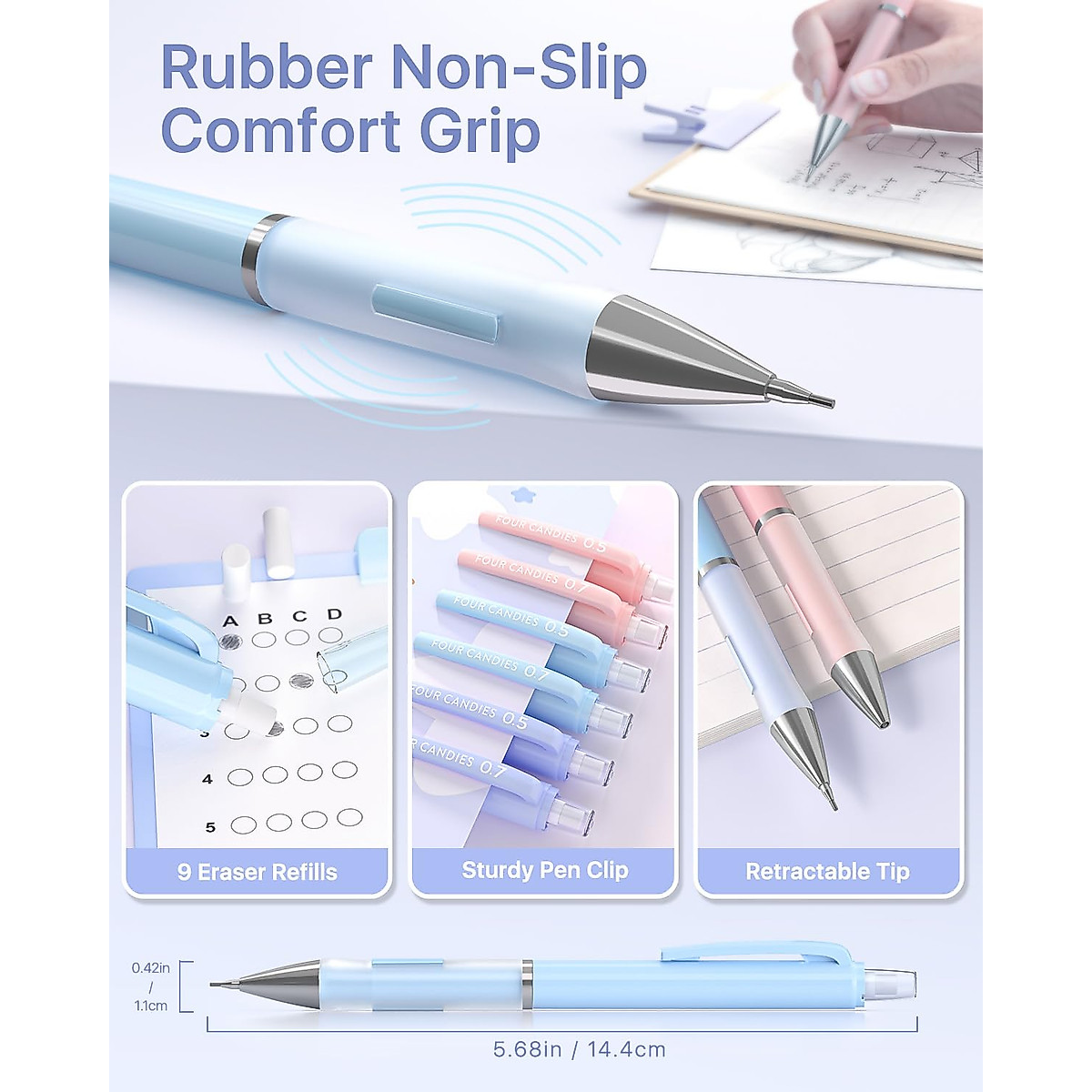 FourCandies Pastel Mechanical Pencil Set - 6PCS 0.5mm&0.7mm Mechanical Pencils with 360PCS HB Lead Refills, 3PCS Erasers and 9PCS Eraser Refills, Cute Colored Mechanical Pencils for Drawing & Writing