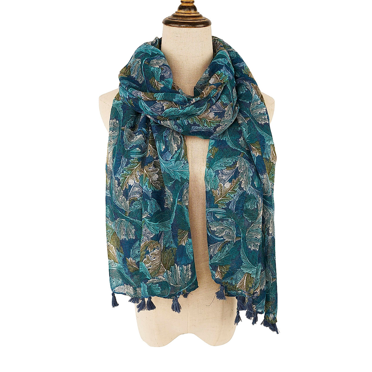 YOUR SMILE Large Boho Scarf for Women Lightweight Floral Printed Scarves Fall Winter Fashion Fringed Shawl wraps (01 Teal Leaves)