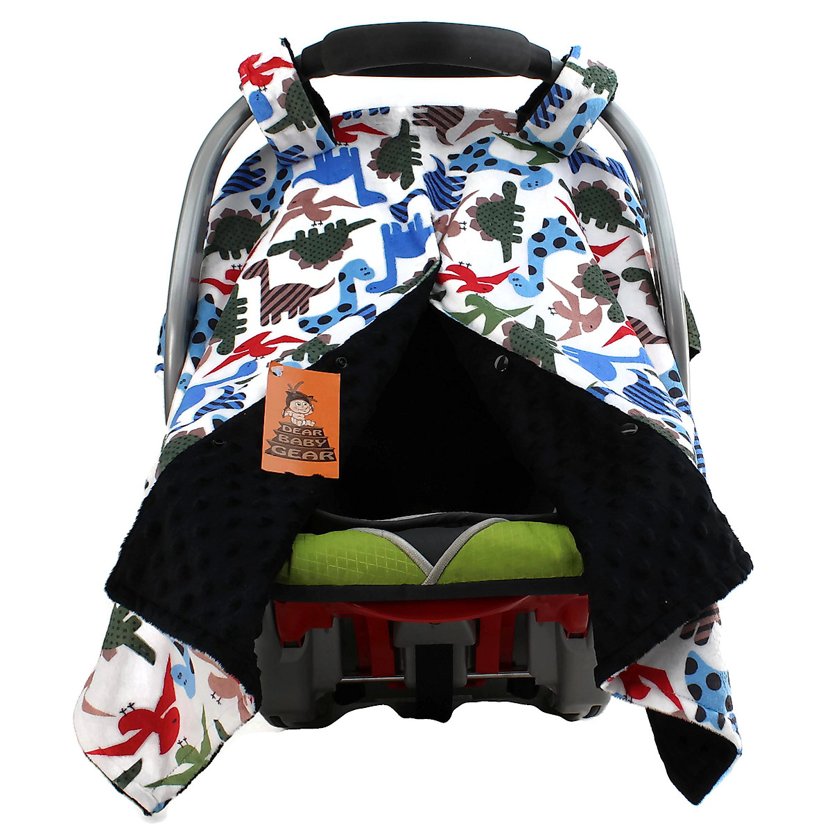Dear Baby Gear - Baby Car Seat Canopy - Infant Car Seats Covers - Carseat Canopies for Boys and Girls - Toddler Carseat Cover with Snap Opening (Prehistoric Multicolored Dinosaur, Black Dot 40"x30")