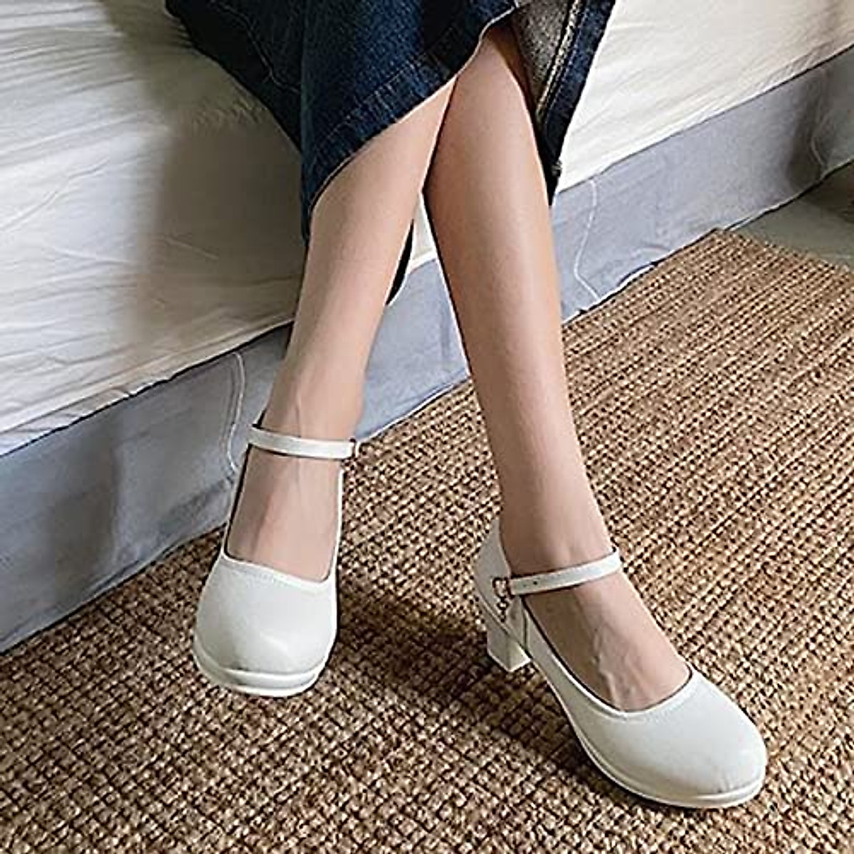Buckle Casual Thick High Shoe Work Strap Platform Women Heel Pumps Womens Rhinestone Casual Shoes Casual Womens Shoes Wedge White