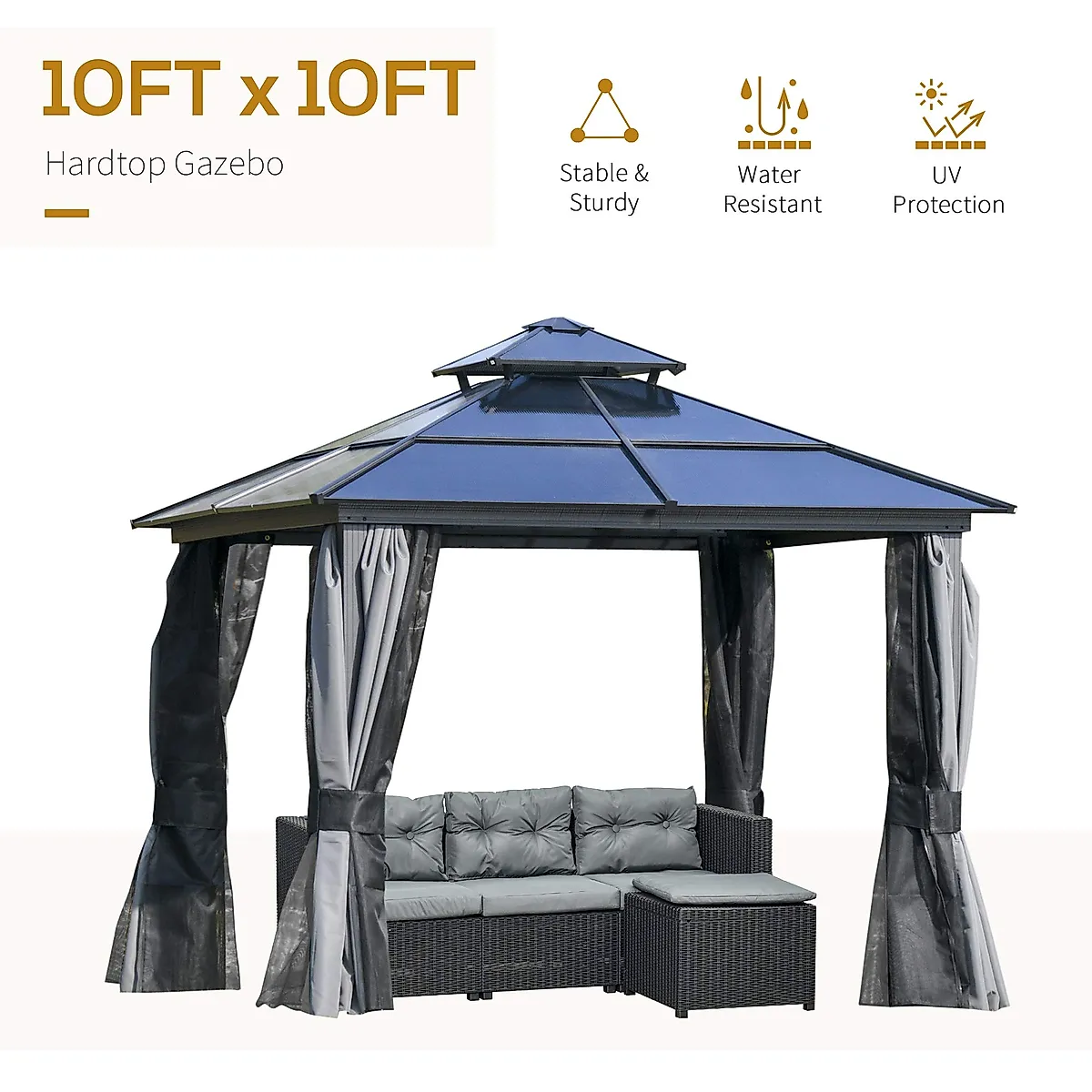 Outsunny 10' x 10' Hardtop Gazebo Canopy with Polycarbonate Roof, Aluminum Frame, Permanent Pavilion Outdoor Gazebo with Netting, for Patio, Garden, Backyard, Deck, Lawn, Gray