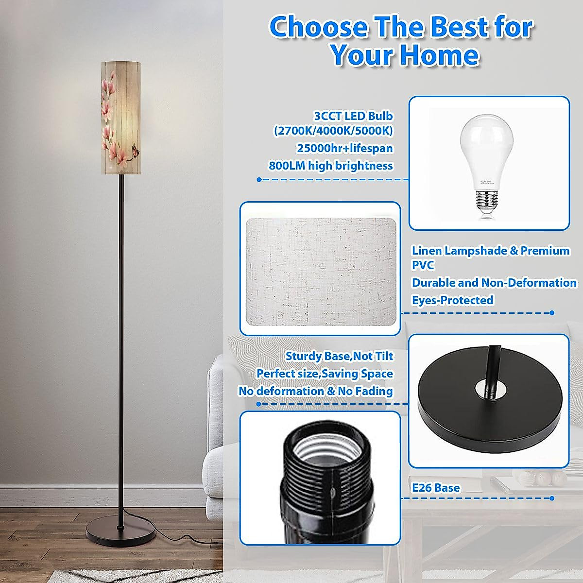 RZNTJHUINA Modern Standing Lamps Nature Spring Beautiful Branches Minimalist Floor Lamp Metal Pole Lamp with Linen Lampshade for Bedroom Living Room Office Nursery Reading Foot Switch Boho Decor