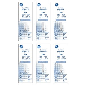 GE (6 Bulbs) Cool White 26 watt Plug-in CFL GX24q-3 Base, 5.2 inch F26TX, 4100K Cool White, 1800 Lumen, Compact Fluorescent Light Bulb