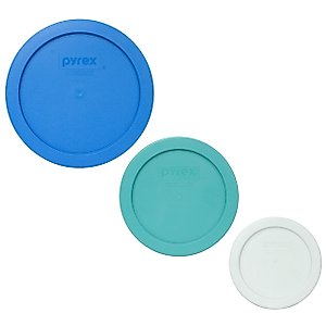 Pyrex (1) 7201-PC Marine Blue, (1) 7200-PC Turquoise, (1) 7202-PC White Round Plastic Food Storage Replacement Lids, Made in the USA
