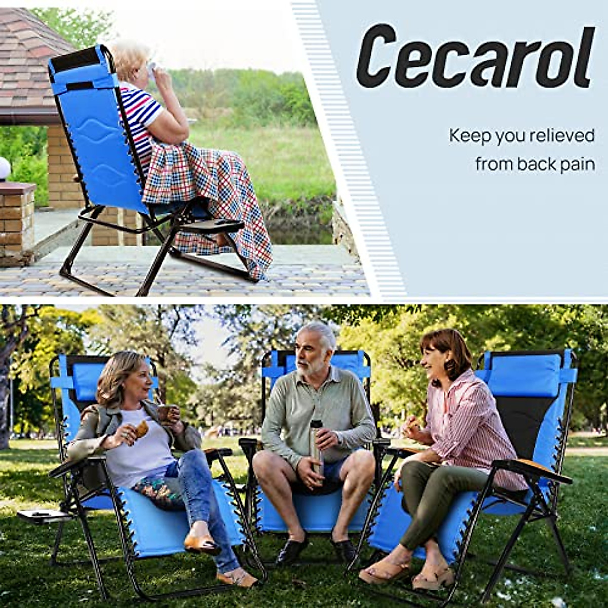 Cecarol XL Oversized Reclining Patio Chair, Zero Gravity Outdoor Lounge Chair Padded Seat, Portable Folding Lawn Recliner with Adjustable Headrest & Cup Holder for Camping, Support 350lbs - Blue