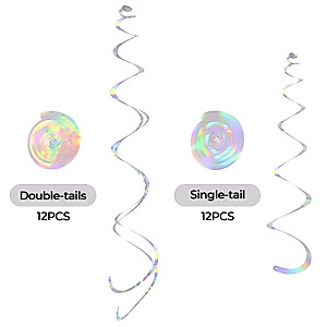 24 PCS Iridescent Hanging Swirl, Shinny Holographic Ceiling Decorations, Plastic Streamer Party Decorations with Double-Swirls and Single-Swirls for Birthday Decorations, Wedding, Baby Shower