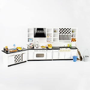 1:12 Scale Mini House Wooden Furniture Miniature Kitchen Cabinet Mini Bar Counter Furniture Set (White and Black)