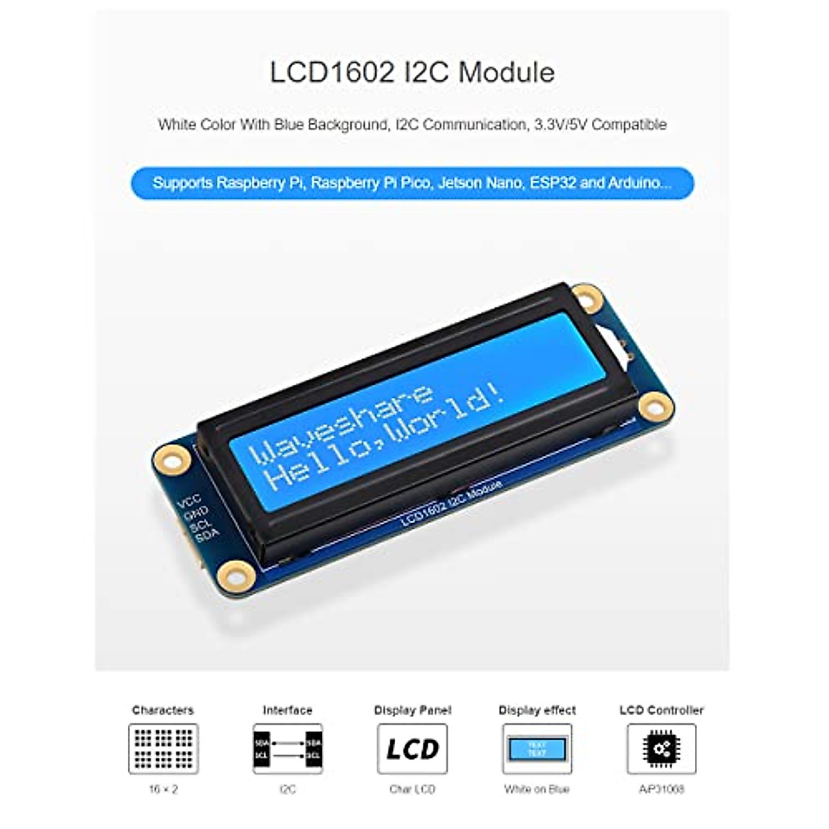 LCD1602 Display Module for Raspberry Pi 4B+ 4B 3B+ 3B 2B+ Zero W WH Pico Jetson Nano ESP32 Ardui...I2C Display Module 3.3V/5V 16x2 Characters White Color Blue Background