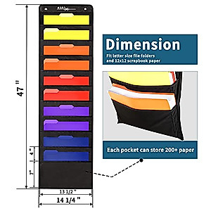 Annecy 10 Pockets Hanging Wall File Organizer, Black Storage Pocket Chart for File Folder and Paper, Space Saver for Office and Classroom, with Wall Hangers, Over The Door Hooks, Labels