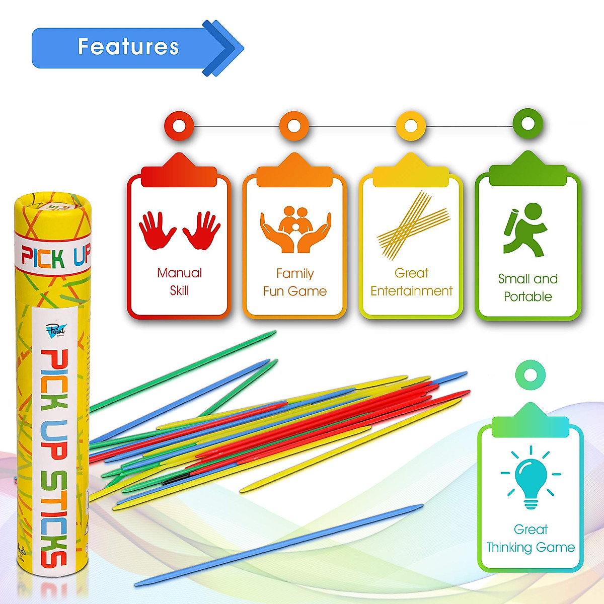 Point Games Pick Up Sticks Game: 30 Brightly Colored Plastic Pick up Sticks in Storage Can, for All Ages!
