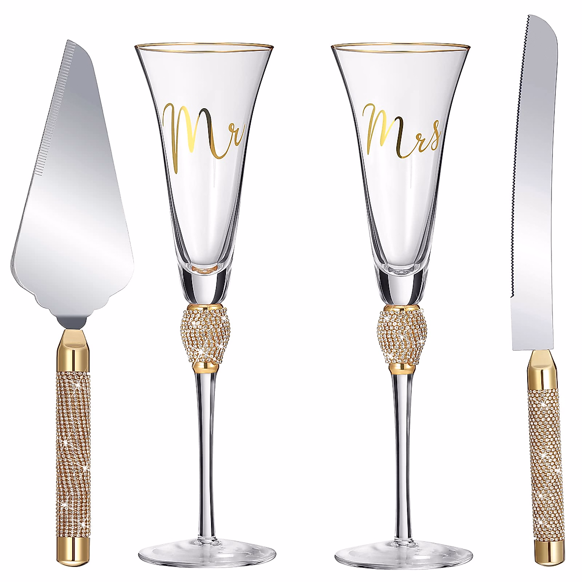 Boao 4 Piece Wedding Toasting Flutes and Cake Server Set Wedding Reception Supplies Champagne Glasses Cake Knife Pie Server (Gold)