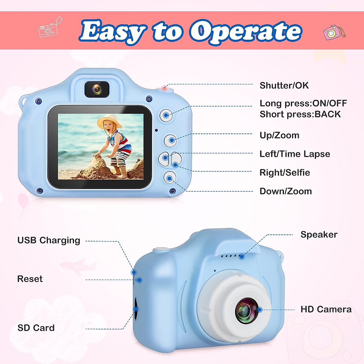 Zeacool Kids Camera, HD Digital Video Camera, Childrens Toys for 3 4 5 6 7 8 9 Year Old Boys/Girls, Selfie Camera for Kids, Christmas Birthday Gifts with 32GB SD Card (Blue)