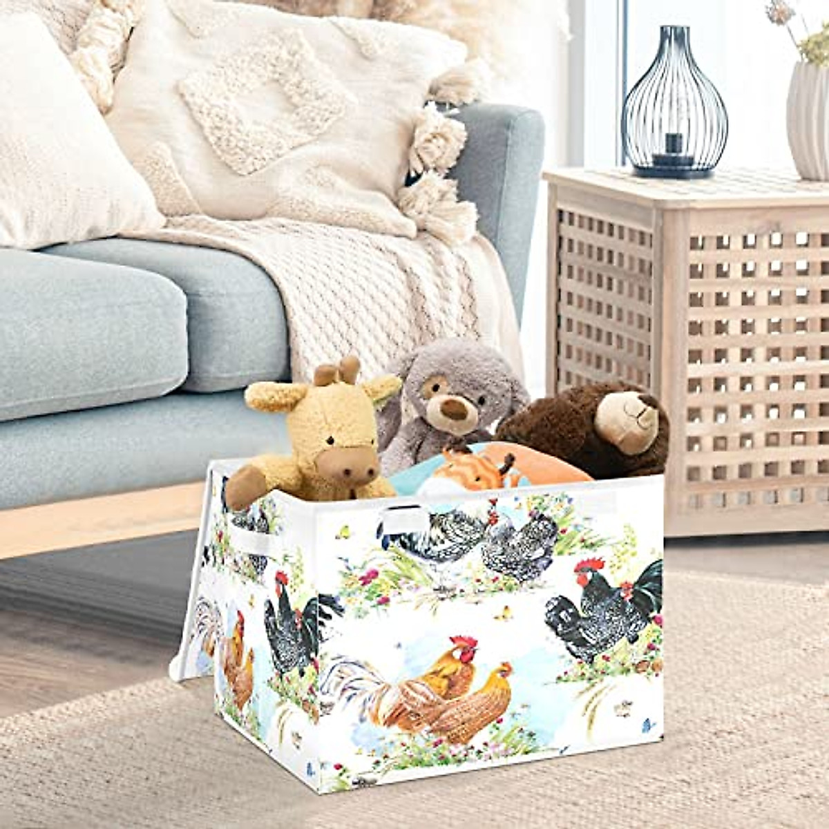 Kigai Rooster Pattern Storage Bins with Lids and Handles 17x13x12 In Foldable Fabric Storage Basket Toys Clothes Organizer for Shelves Closet Home Bedroom Office