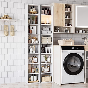 Bamjoy 71 Inches Tall Narrow Bookshelf, 8-Tier CD DVD Slim Media Tower Rack, Corner Bookcase with Adjustable Shelves, Skinny Cubes Bookshelves for Home Office Small Space, White