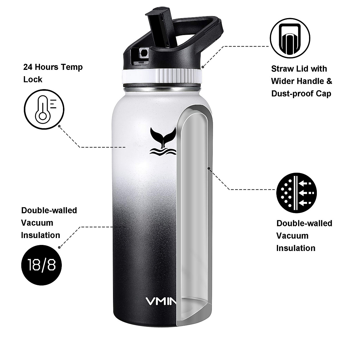 Vmini Water Bottle with Straw, Wide Sturdy Straw Lid with Dust Proof Cap, Wide Mouth Vacuum Insulated Stainless Steel Water Bottle, Gradient White+Black, 32 oz