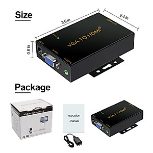CKL VGA to HDMI Adapter Converter 1080P with 3.5mm Audio Sound and DC 5V Power Supply for PC Laptop Display Computer Mac Projector HDTV