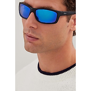 Maui Jim Men's and Women's Kanaio Coast Polarized Wrap Sunglasses, Matte Trans. Blue Black Stripe/Blue Hawaii, Medium