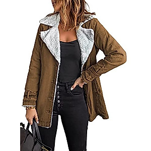 Dokotoo Womens Winter Coats Long Sleeve Jean Denim Fleece Jacket Autumn Collar Button Down Cozy Fluffy Sherpa Pocketed Jackets Outerwear Khaki Large