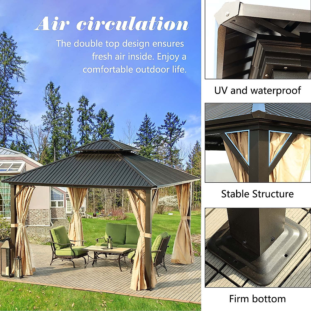 Aoodor 12 x 12 ft. Aluminum Frame Hardtop Roof Gazebo, Outdoor Patio 2-Tier Metal Roof Gazebo with Mosquito Netting and Curtains, Suitable for Patios, Garden and Backyard - Black