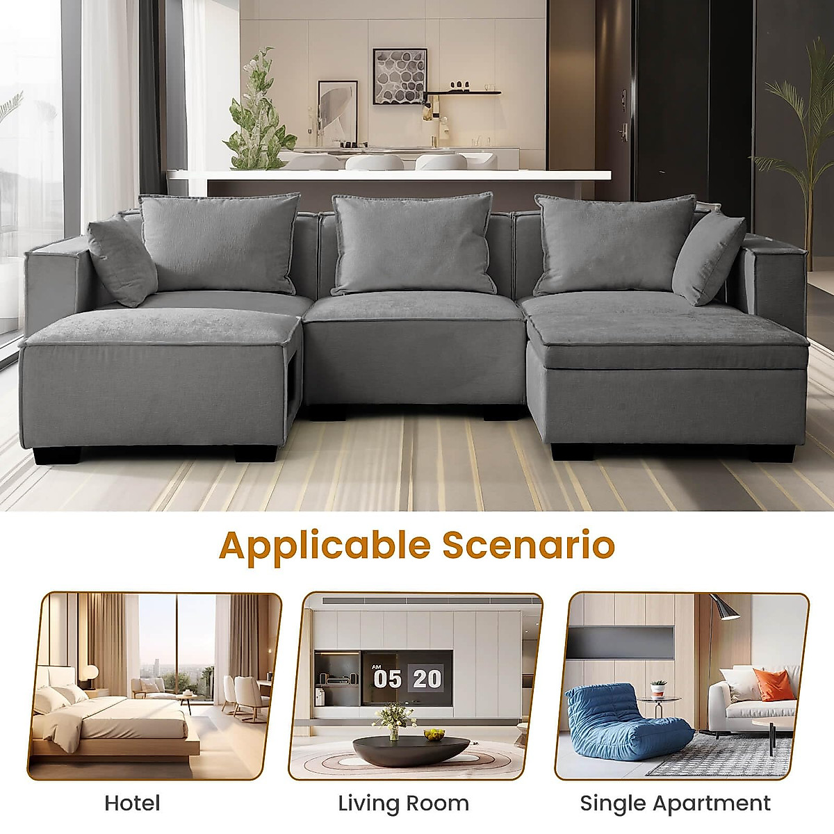 108.7 Inch Convertible U Shape Sectional Sofa, Modern Chenille Fabric, L Shaped 5 Seater Living Room with Chaise, High Support and Soft Foam with Storage and Cat Hole Footstool