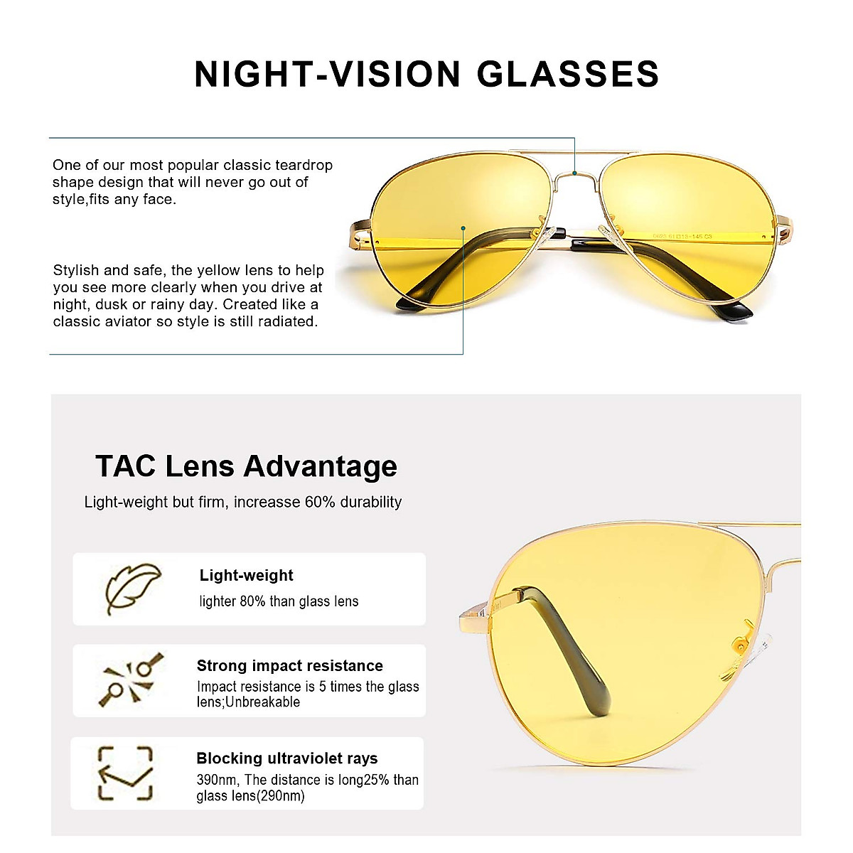 SODQW Aviator Night-Driving Glasses, Night-vision Goggles Anti Glare Polarized Yellow Lens, Fashion Safety Glasses (Gold Frame/Yellow Night-Driving Glasses)